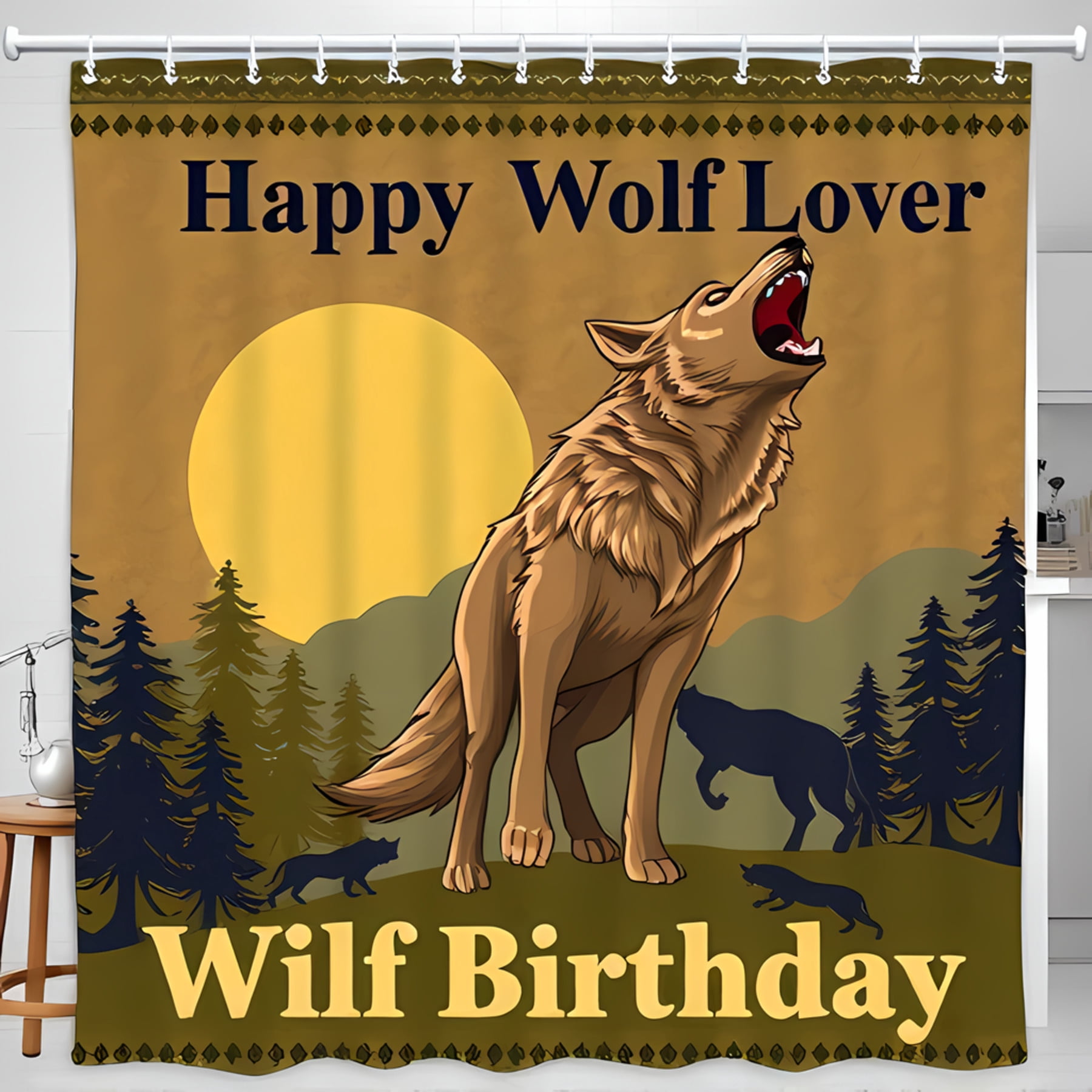 Rustic Wolf Shower Curtain - Wolf Against Yellow Moon & Forest ...