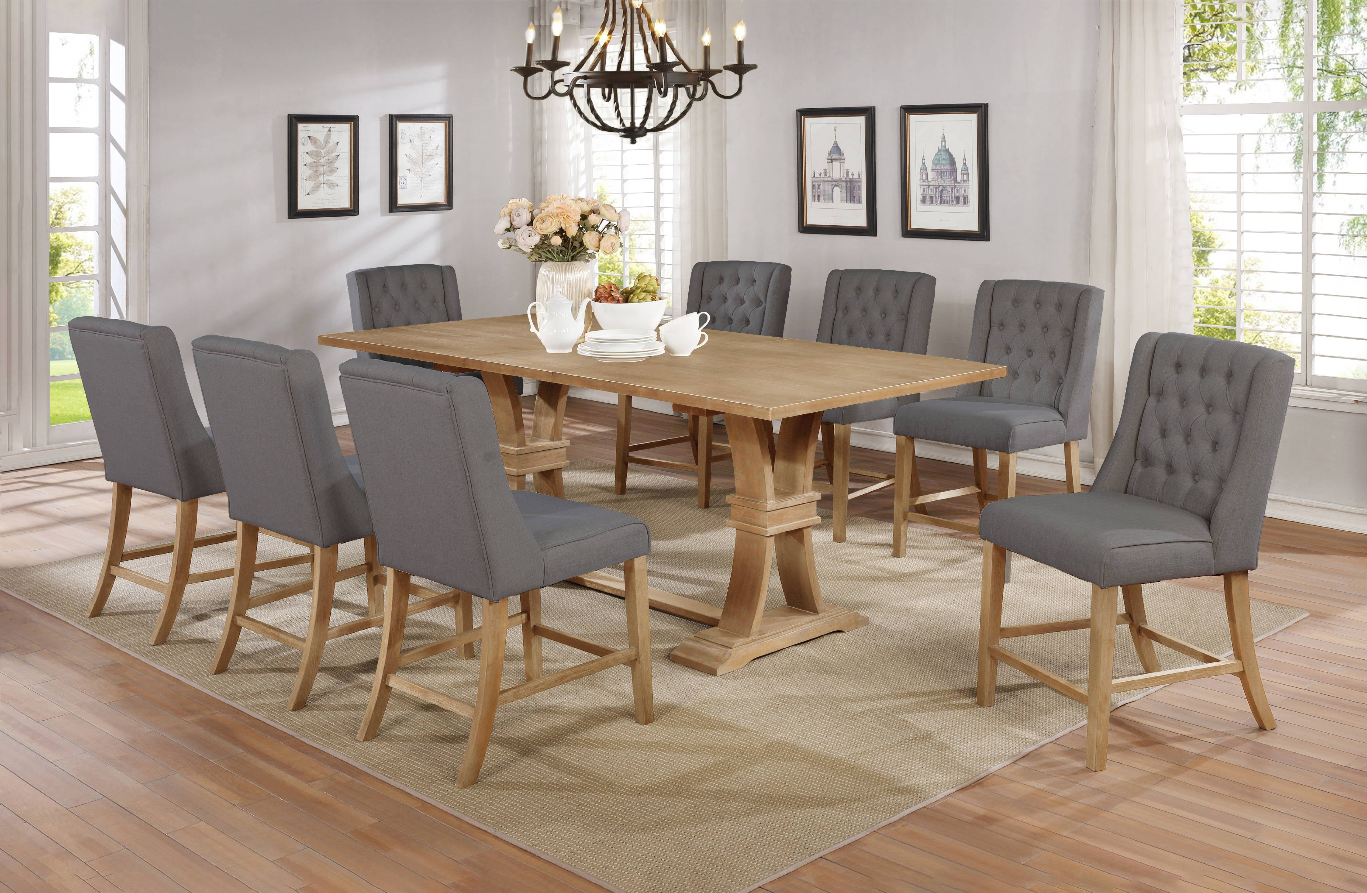Rustic Wood 9pc Dining Set with Gray Linen Fabric Chairs and Extendable Table - Walmart.com