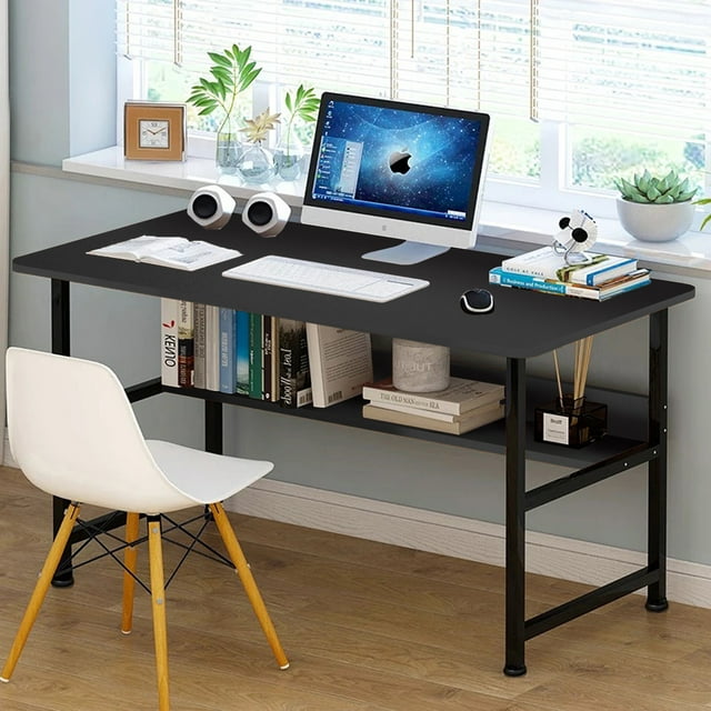 Rustic Wood Adult Computer Desk Lap Desk with Steel Legs Bookshelf ...