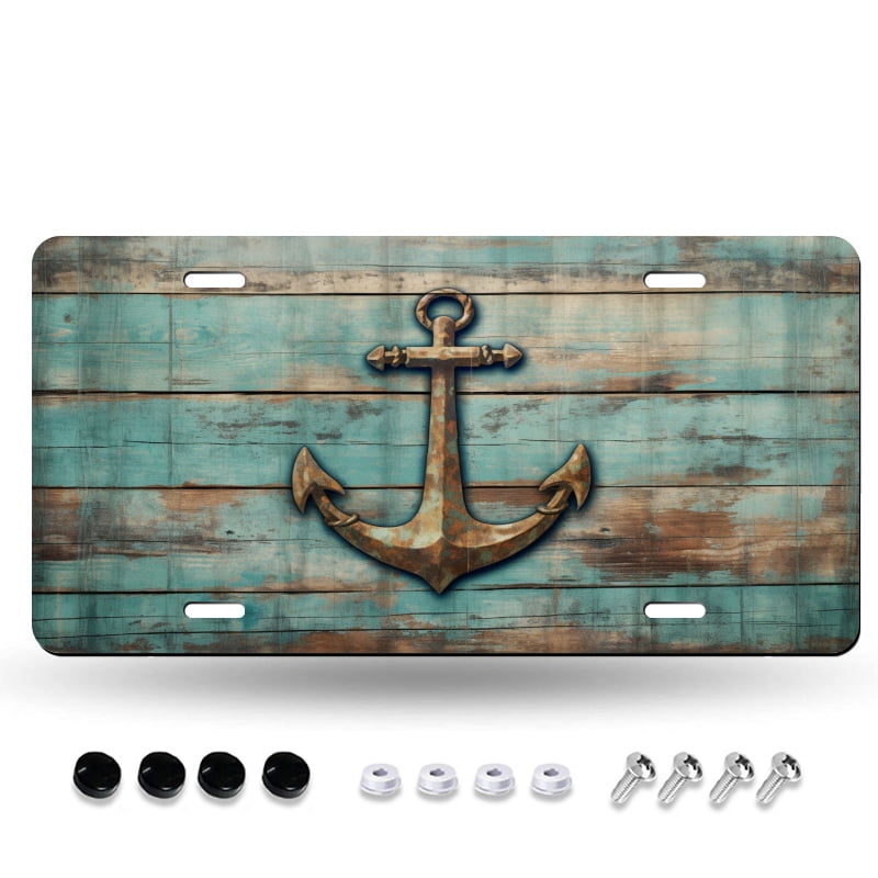 Rustic Wood Background with Anchor and Nautical Elements License Plate ...