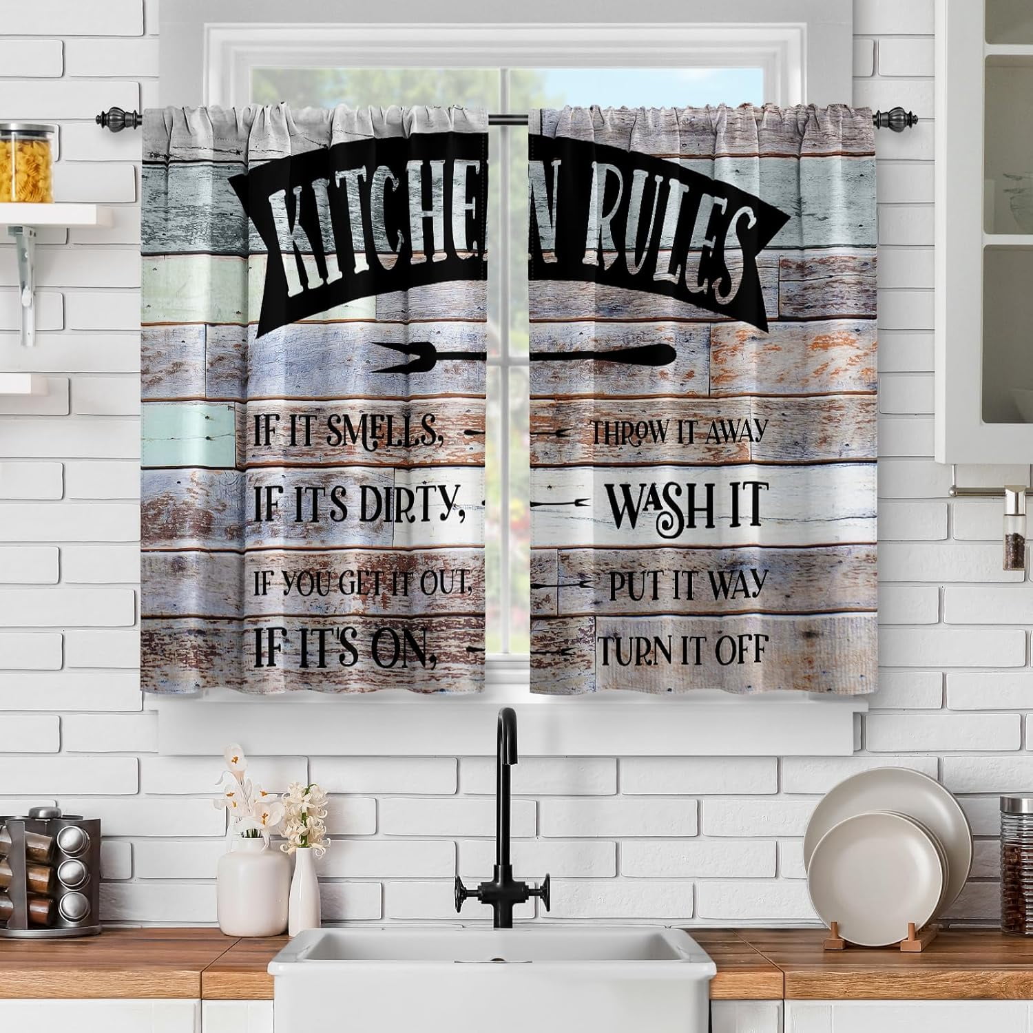 Rustic Wood Barn Farmhouse Kitchen Curtains: Vintage Plank Print Short ...