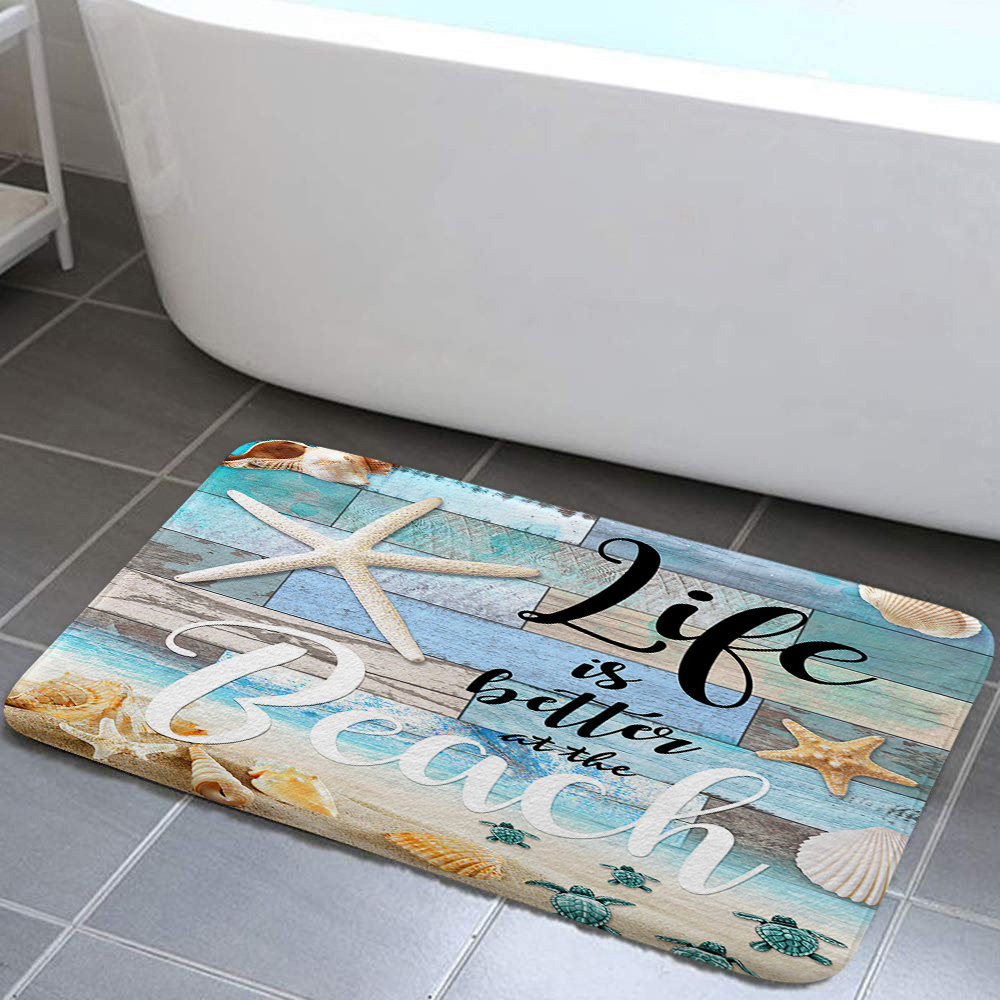 Wathon Rustic Wood Bath Rugs, Blue Teal Seashell Starfish Coastal ...