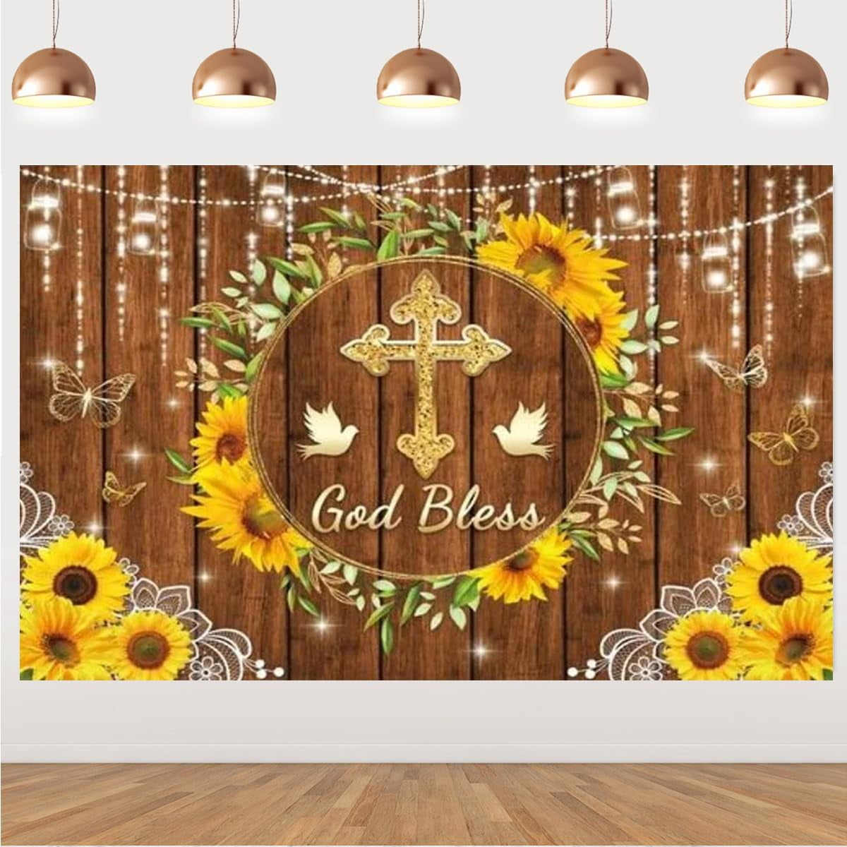 Rustic Wood Board First Holy Communion Background Sunflower God Bless ...