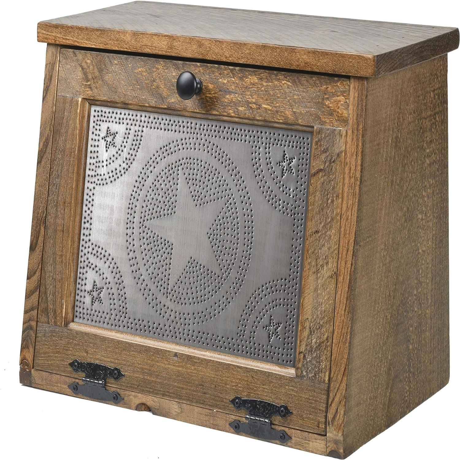 Rustic Wood Bread Box Large Kitchen Counter Punched Star Tin Primitive ...