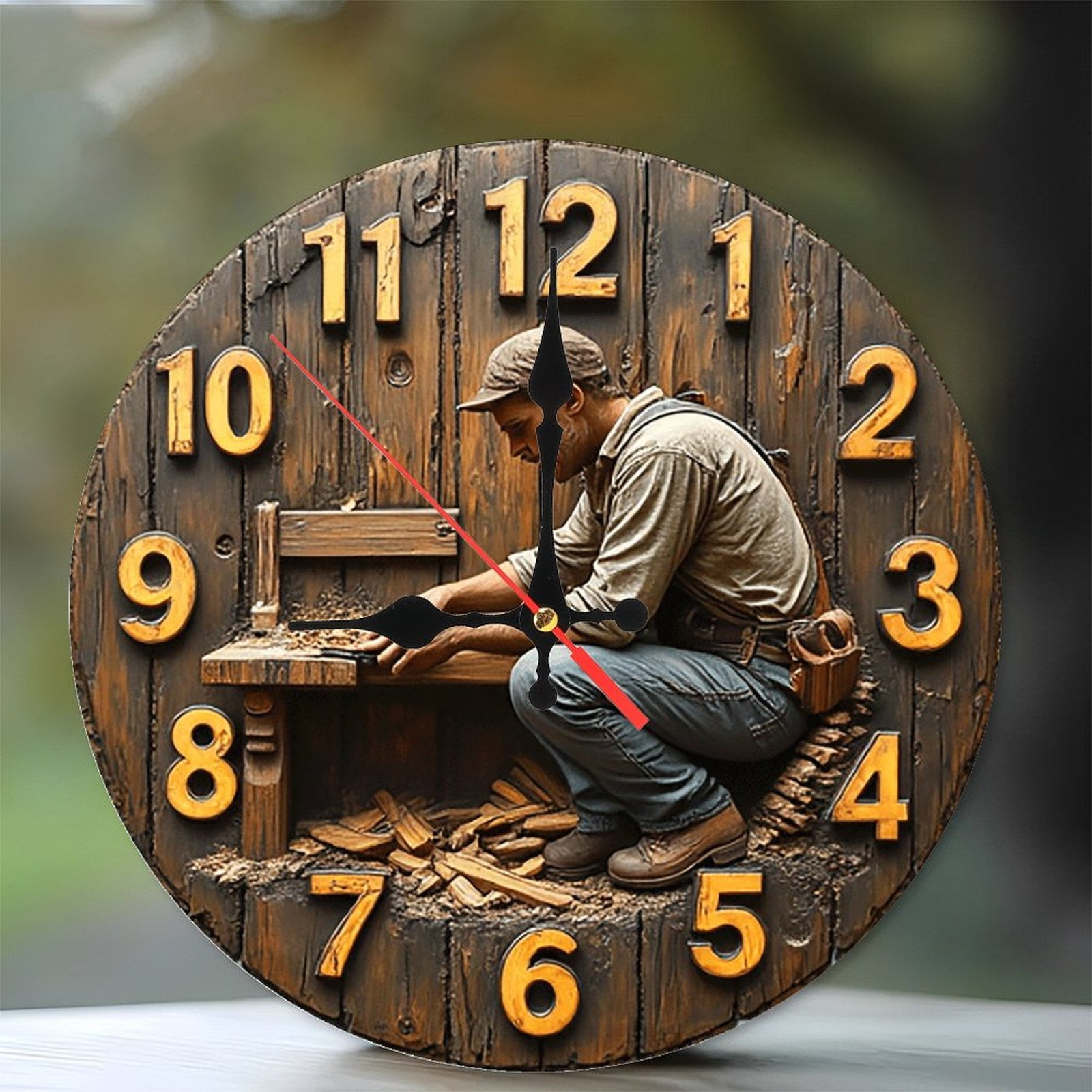 Rustic Wood Carving Carpenter Wall Clock 10-Inch Silent Wooden Wall ...