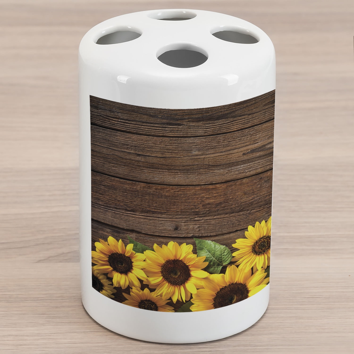 Rustic Wood Ceramic Toothbrush Holder, Autumn Sunflowers Pattern on ...