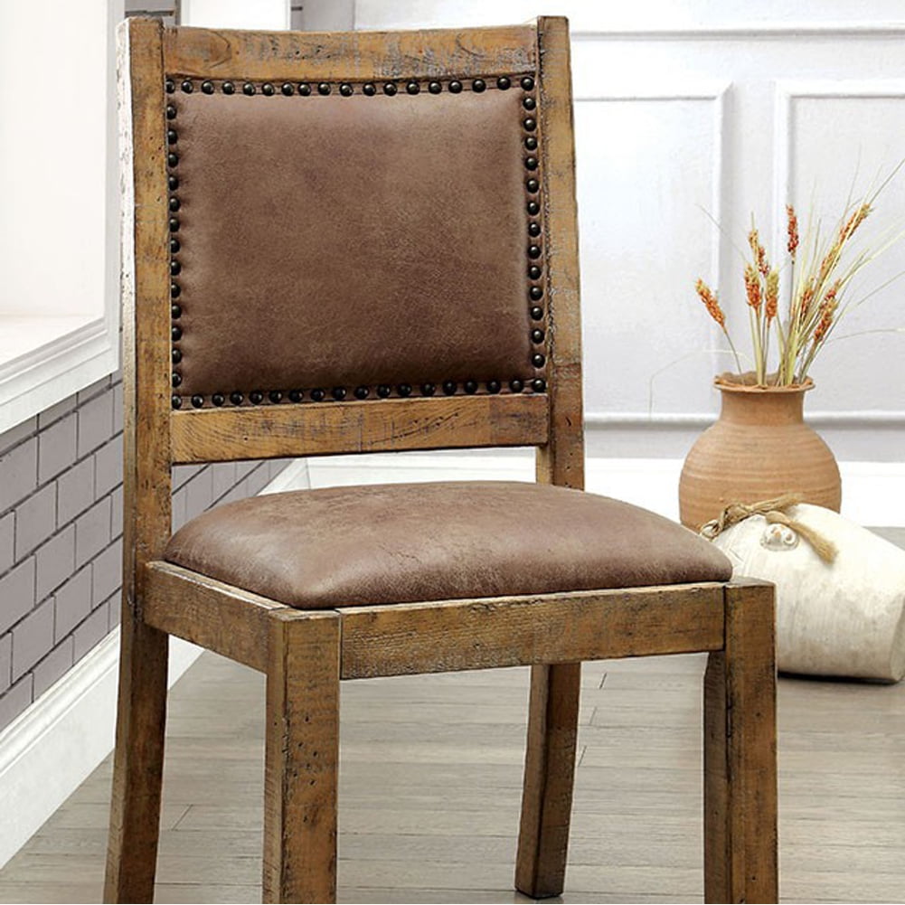 Rustic Wood Dining Chair, Vegan Faux Leather, Nailhead Trim, Set of 2 ...