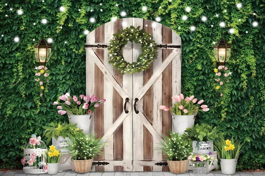 Rustic Wood Door Green Ivy Wall Flowers Background Outdoos Ceremony ...