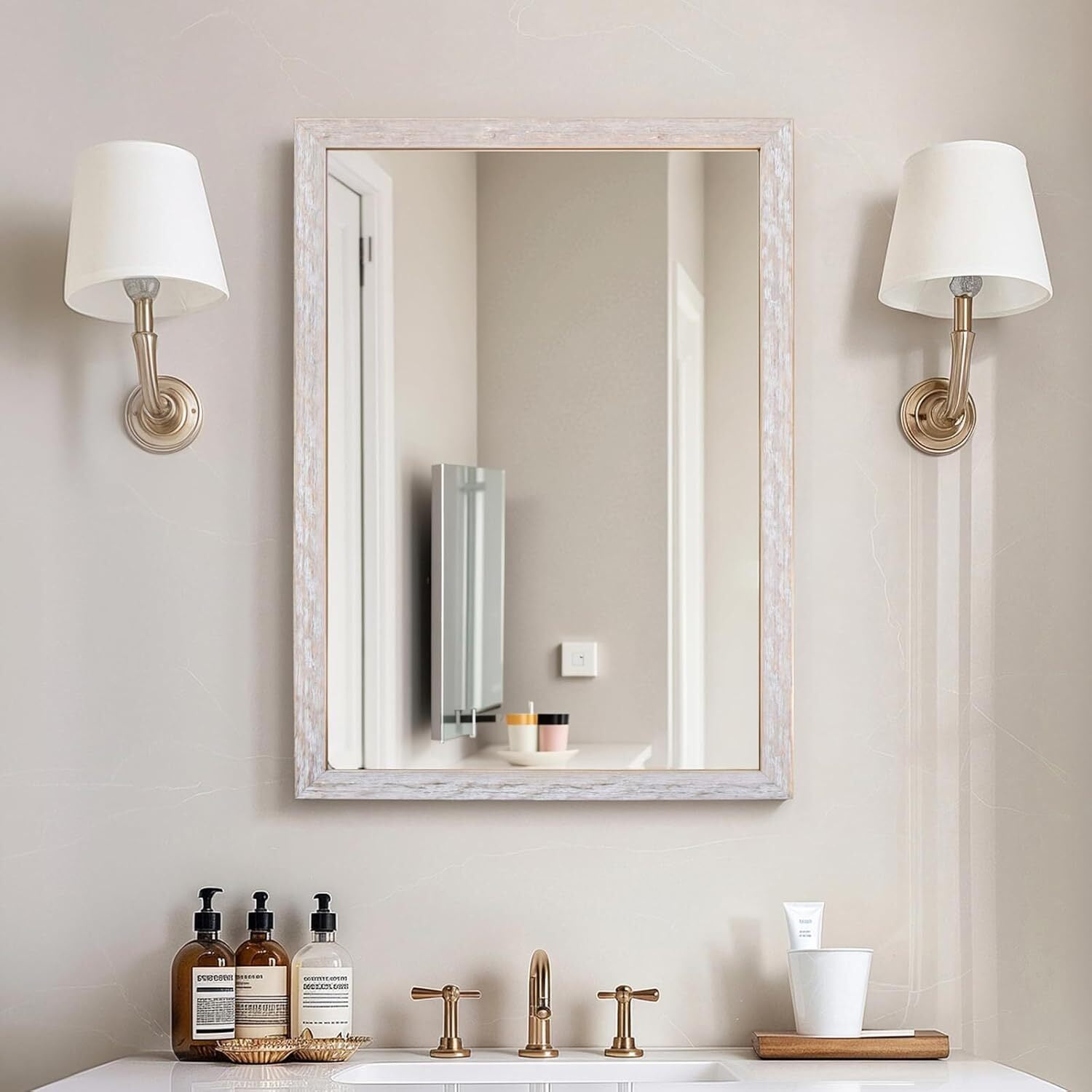 Rustic Wood Effect Wall Mirror 32”L*24”W - Shatterproof Tempered Glass ...