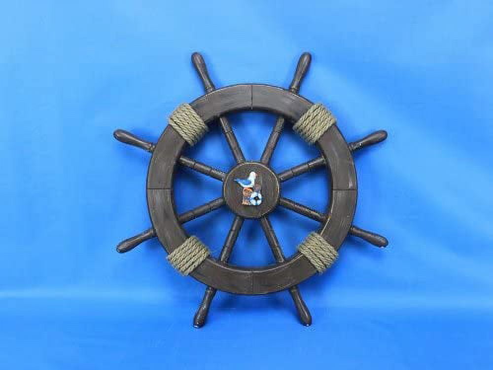 Rustic Wood Finish Ship Wheel with Seagull and Lifering 18" - Ship ...