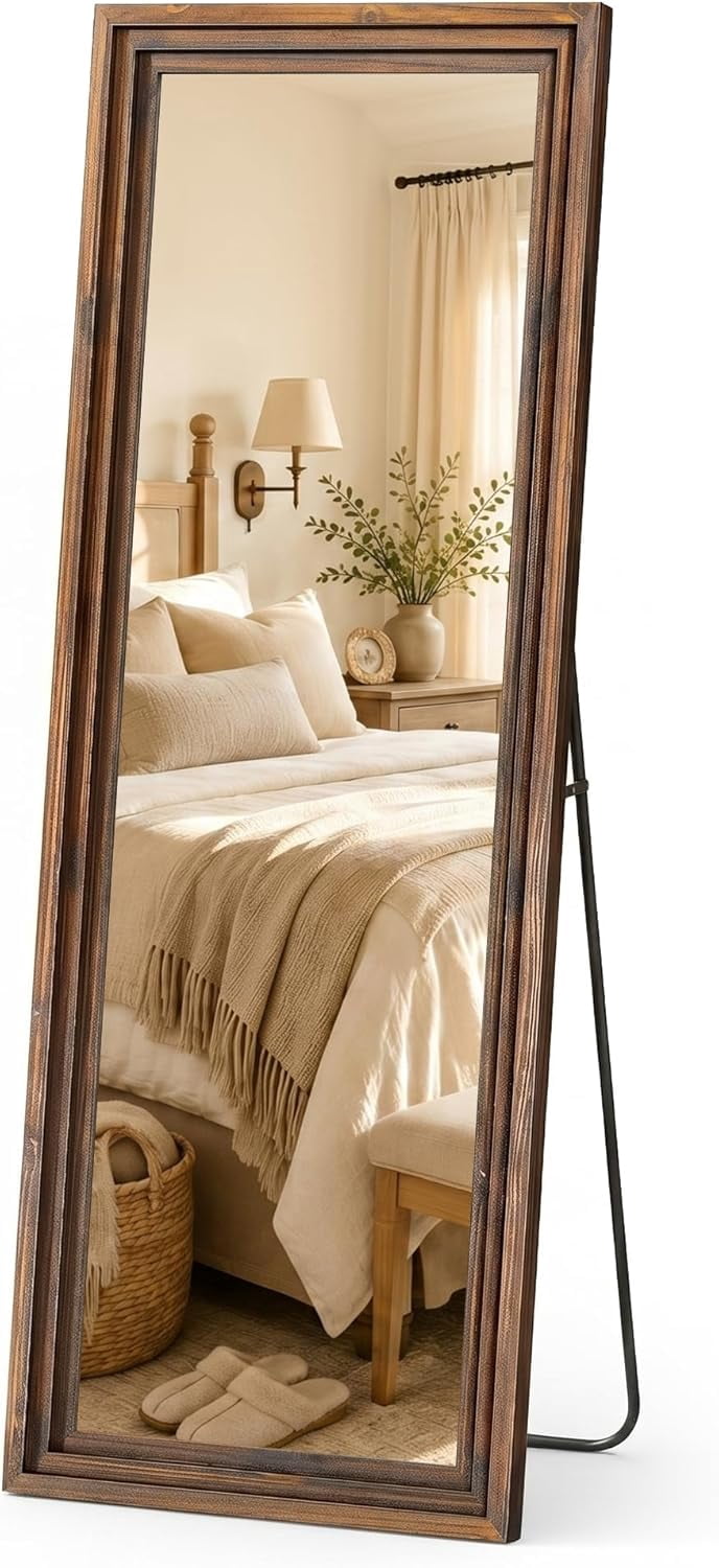 Rustic Wood Floor Mirror with Stand, 63" x 21" Triple-Layer Solid Wood ...