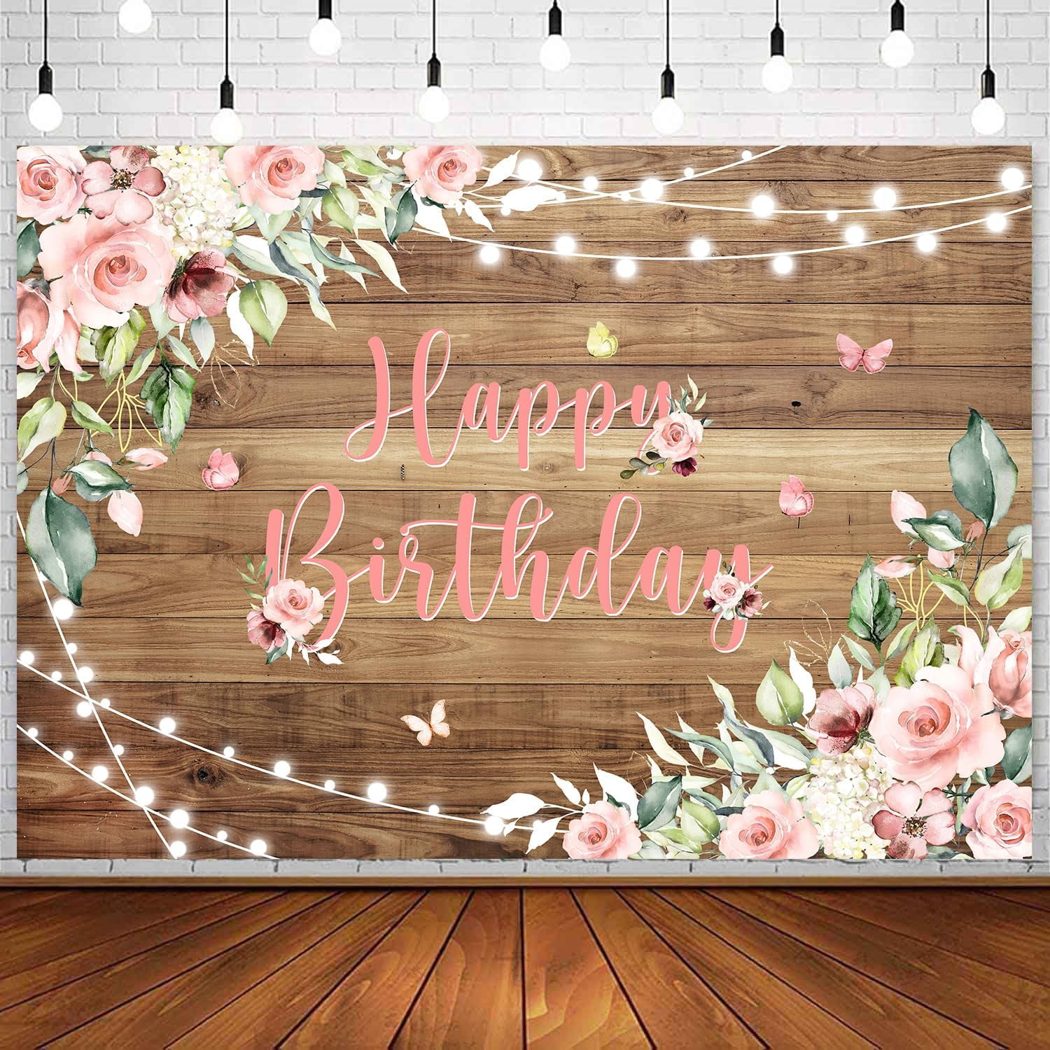 Rustic Wood Flower Birthday Backdrop Spring Butterfly Pink White Floral ...