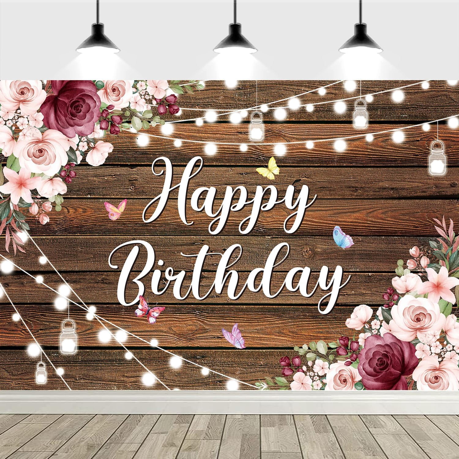 Rustic Wood Flower Happy Birthday Backdrops Cloth Rustic Wooden Floral ...