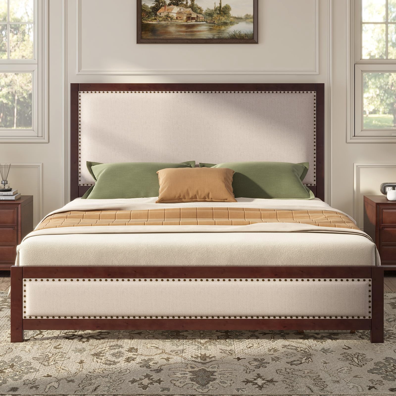 Rustic Wood Full Size Platform Bed, Solid Wood Bed Frame with 49 ...