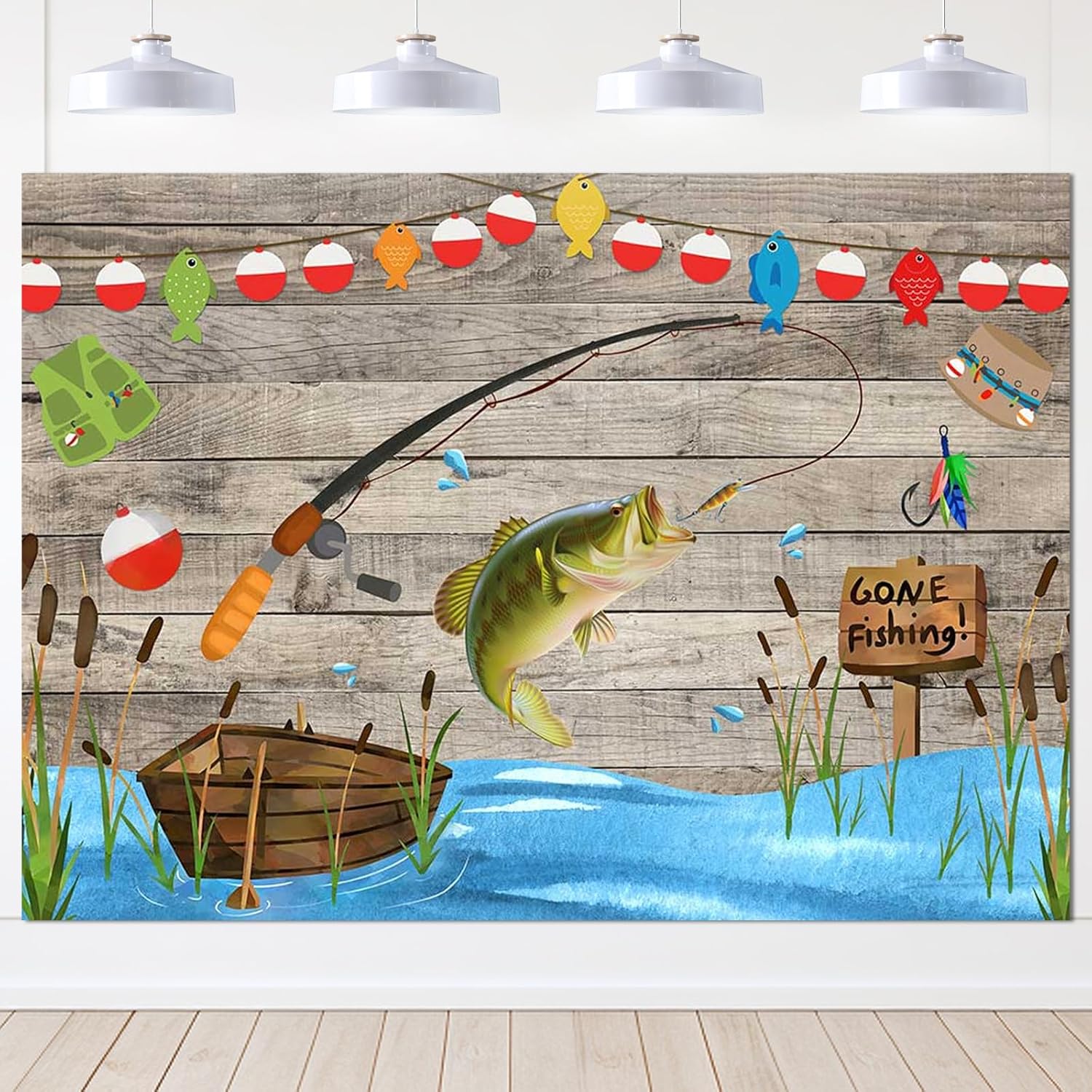 Rustic Wood Gone Fishing Backdrop for Birthday Party Fish Ally Kids Baby Shower Photography ...