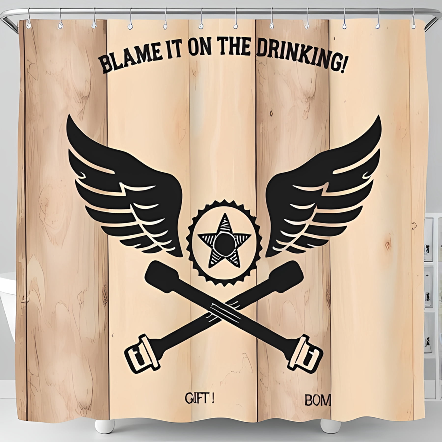 Rustic Wood Grain Shower Curtain with Black Wings & Wrench Design ...