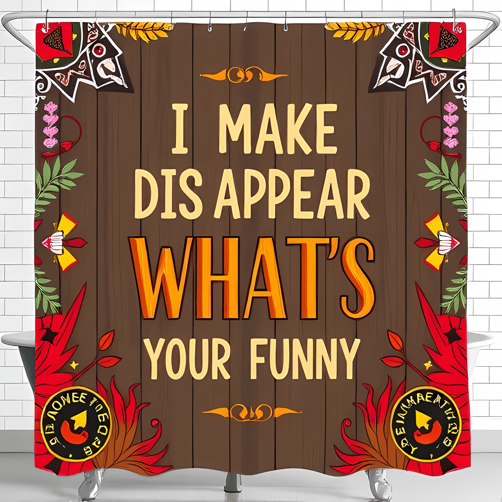 Rustic Wood-Grain Shower Curtain with Whimsical Floral & Mask Designs ...