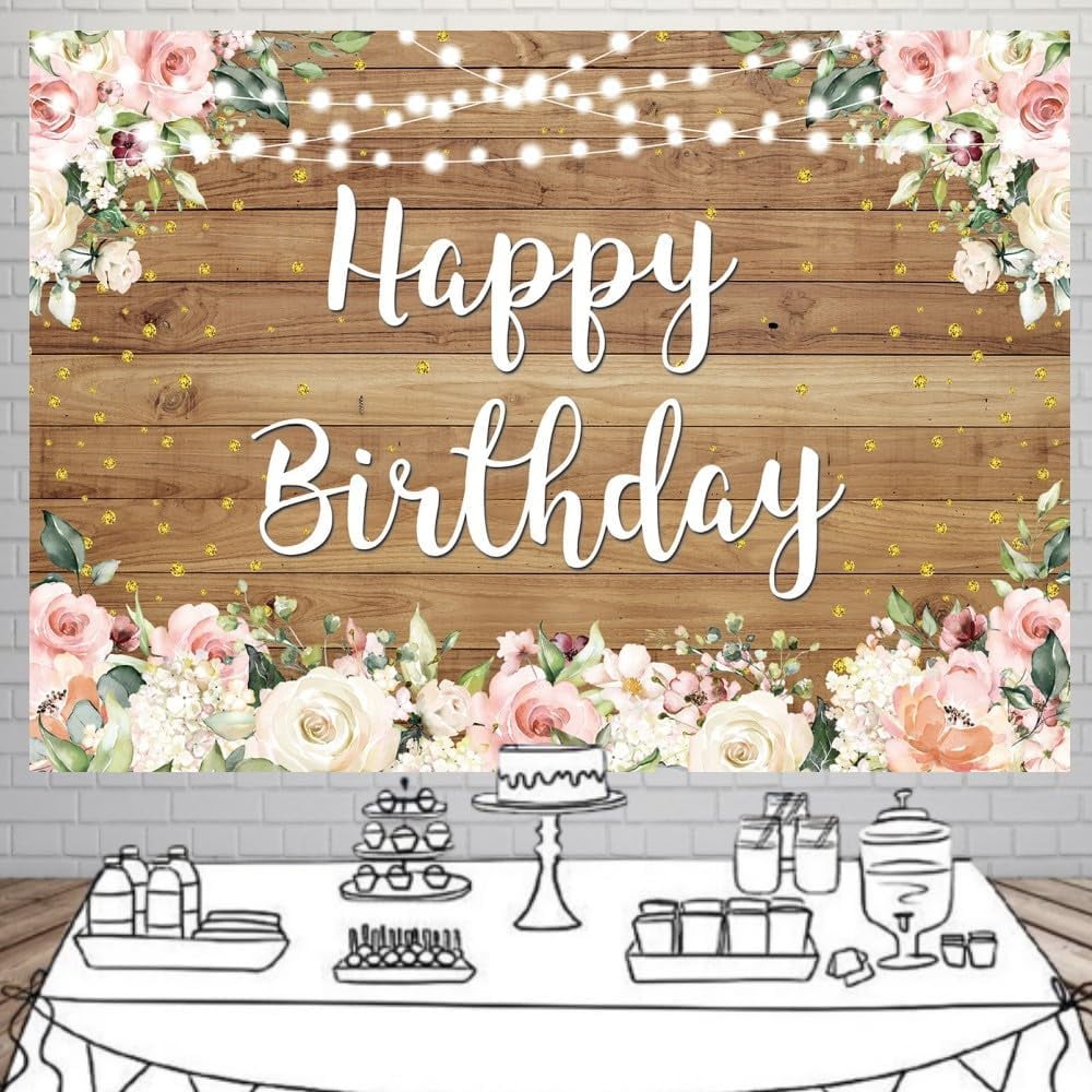 Rustic Wood Happy Birthday Backdrop Pink Floral Backdrop Photography ...