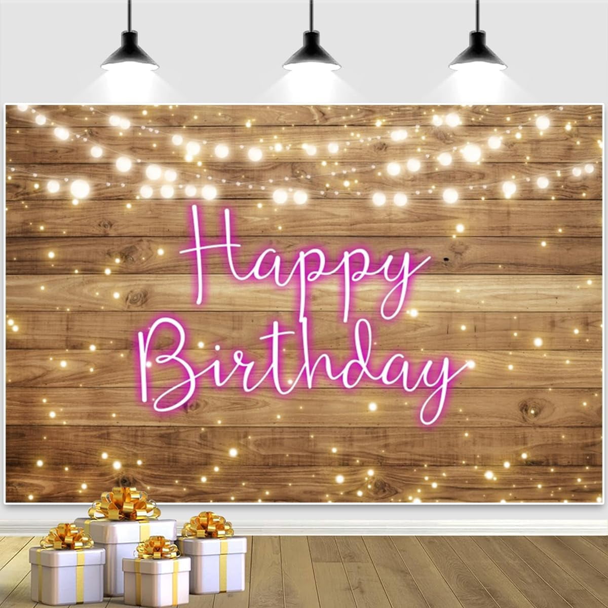 Rustic Wood Happy Birthday Backdrop, Pink Neon Wall Birthday ...