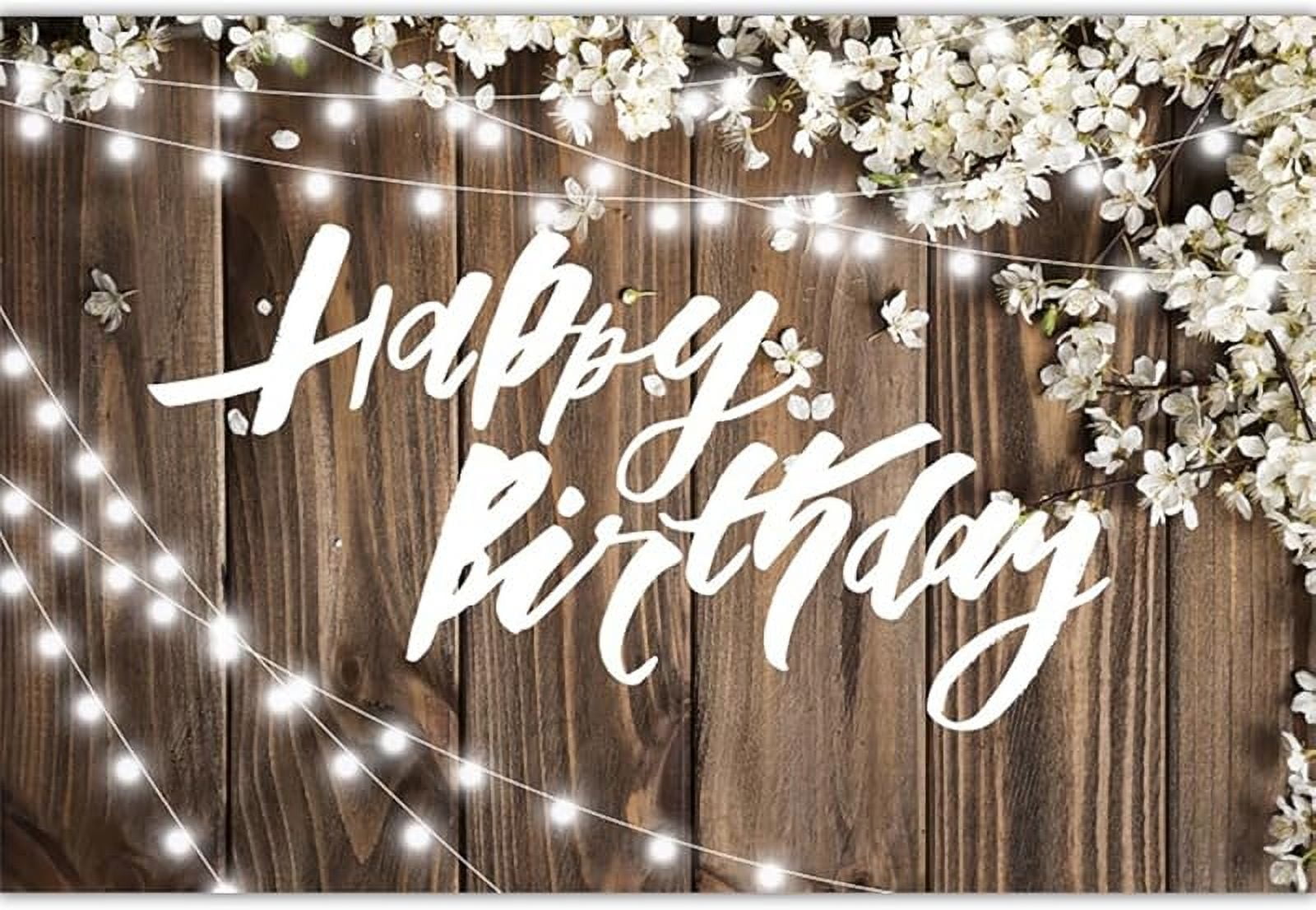 Rustic Wood Happy Birthday Backdrop, White Flower Birthday Photography Background for Women ...