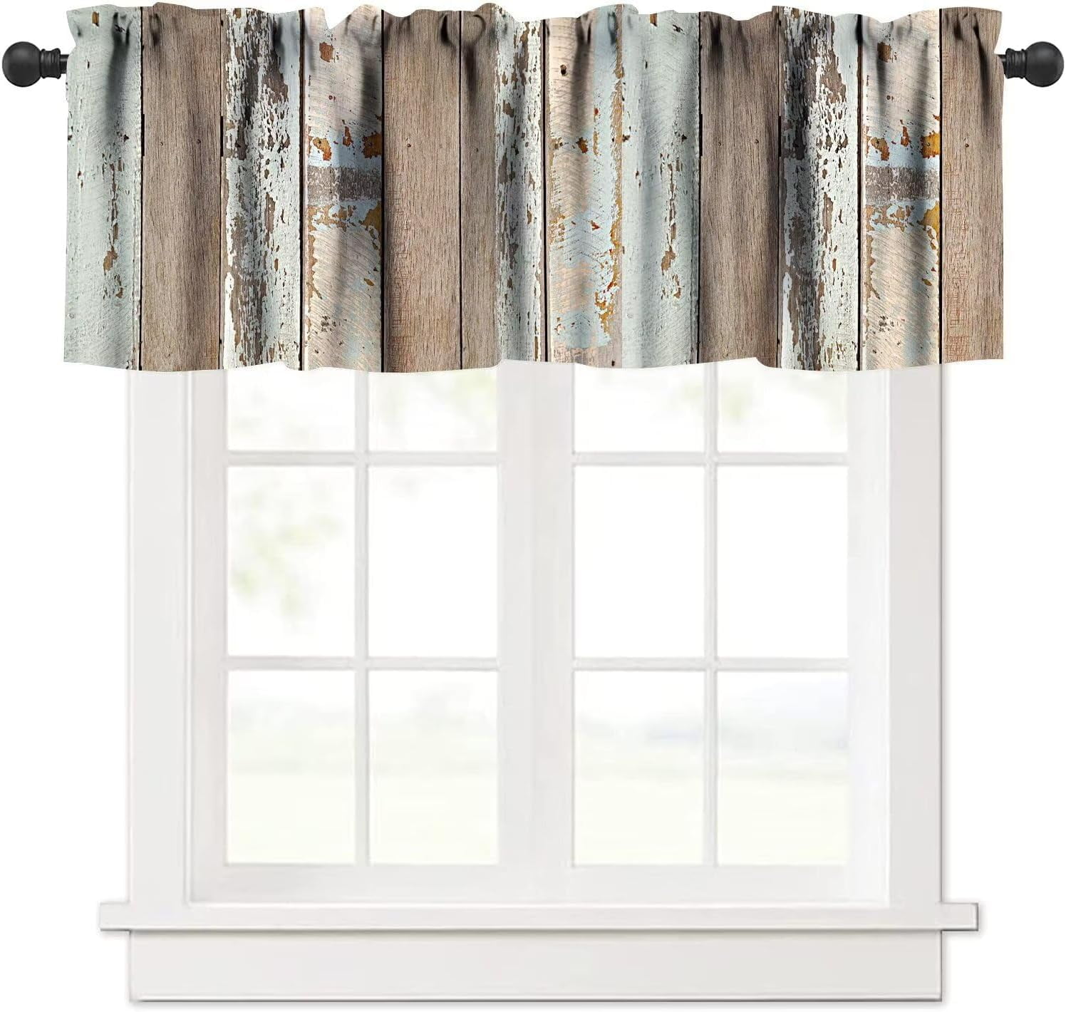 Rustic Wood Kitchen Valances Window Curtain, Brown Wooden Blue Wood ...