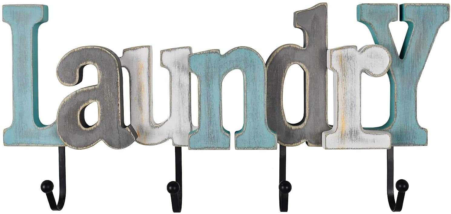 Farmhouse Rustic Wood Laundry Sign with Hooks, Wall Mounted Decorative ...