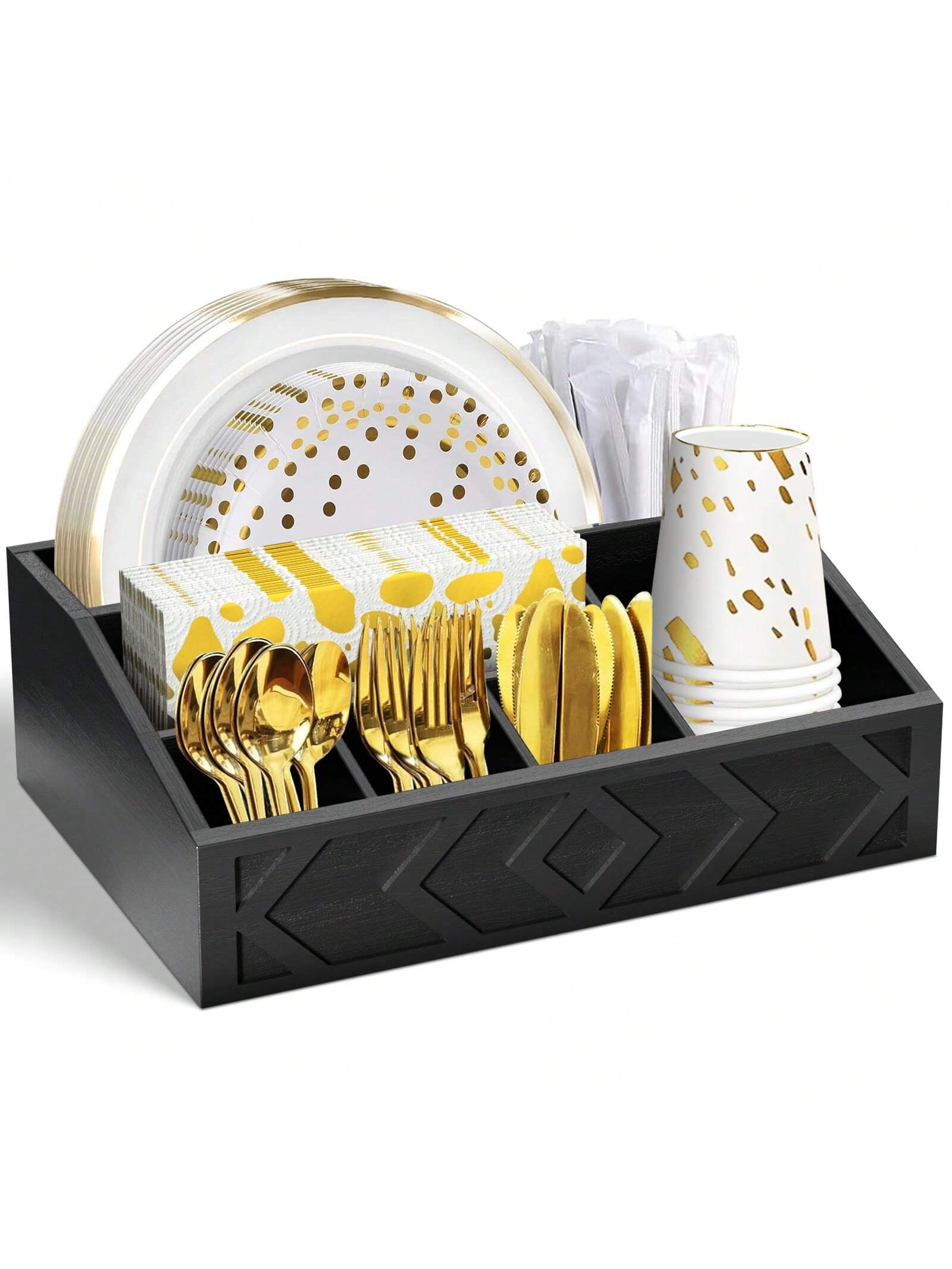 Rustic Wood Paper Plate Dispenser & Utensil Caddy Set - 3-in-1 Kitchen ...