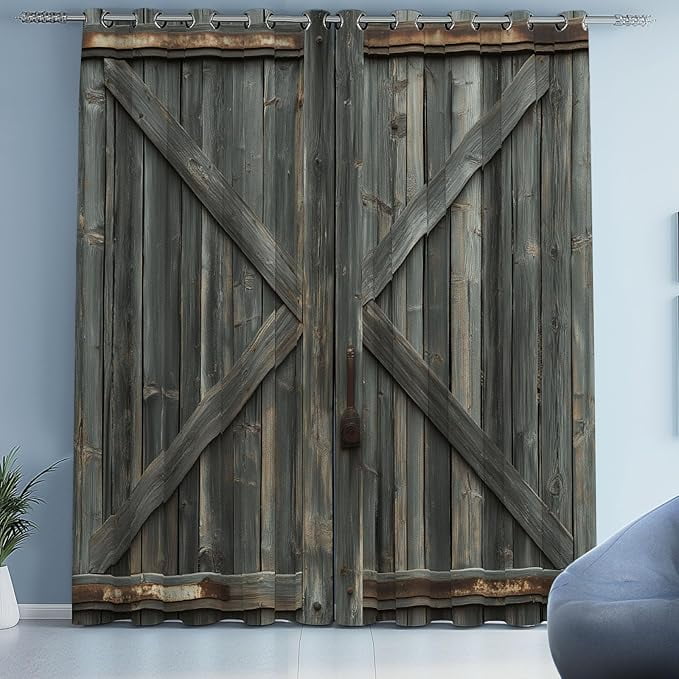 Rustic Wood Plank Curtains For Living Room, Farmhouse Village Rural ...
