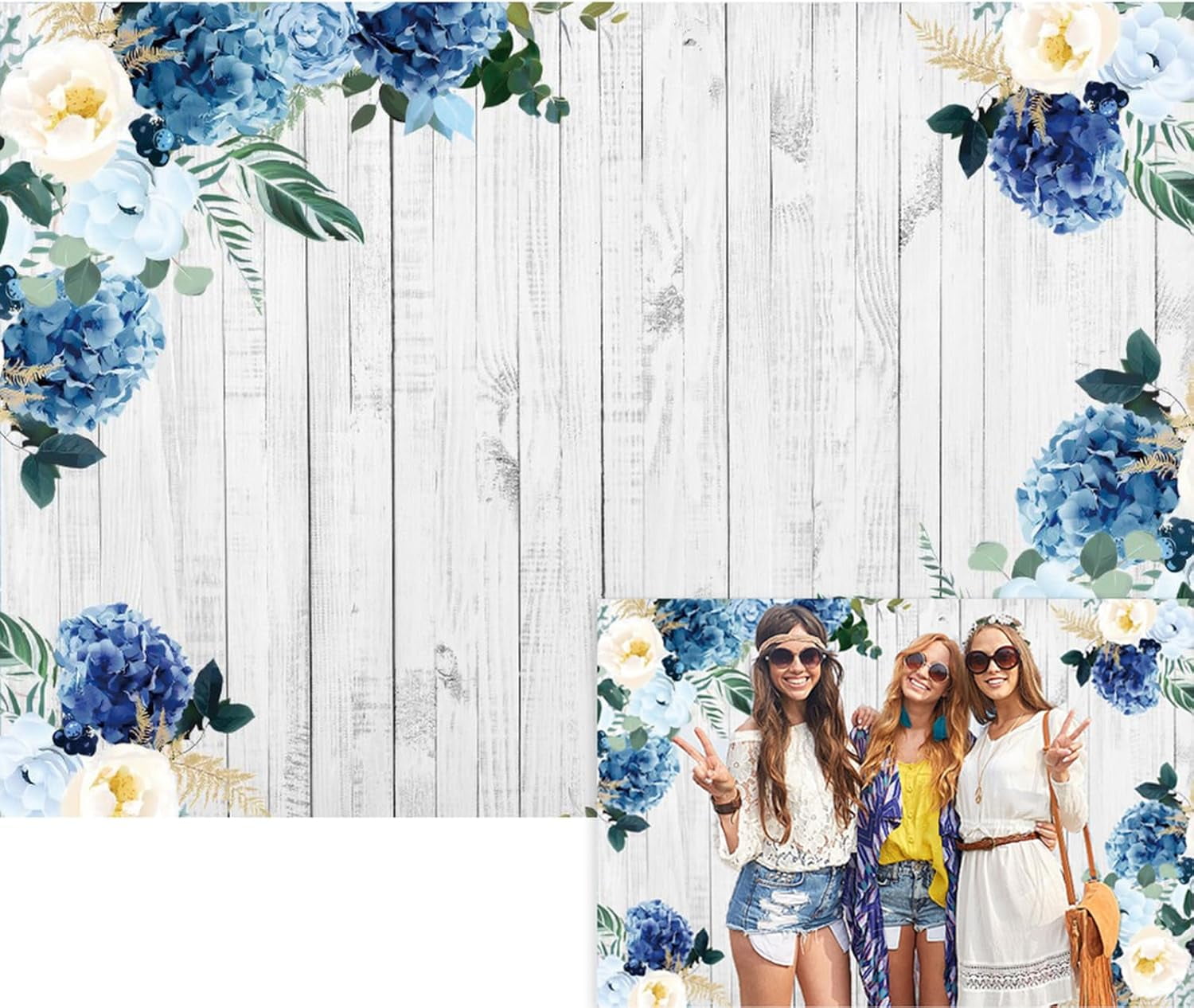 Rustic Wood Plank Wall Pretty Backdrop Blue Floral Hydrangeas Camellia ...