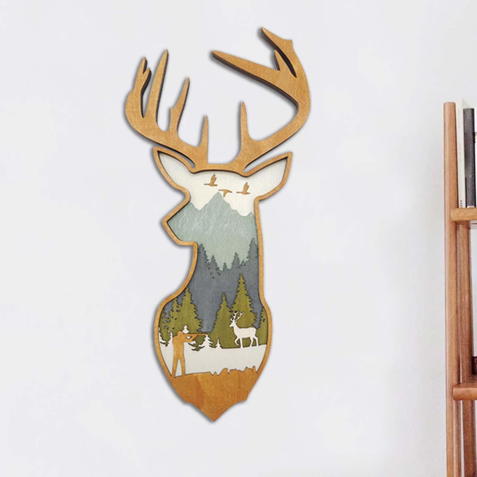 Rustic Wood Sculpture Wall Decor Head Animal Ornament Landscape Wooden ...