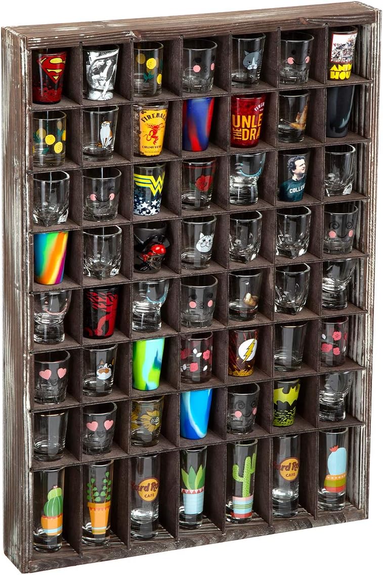 Rustic Wood Shot Glasses Display Case with 56 Compartments, Wall ...
