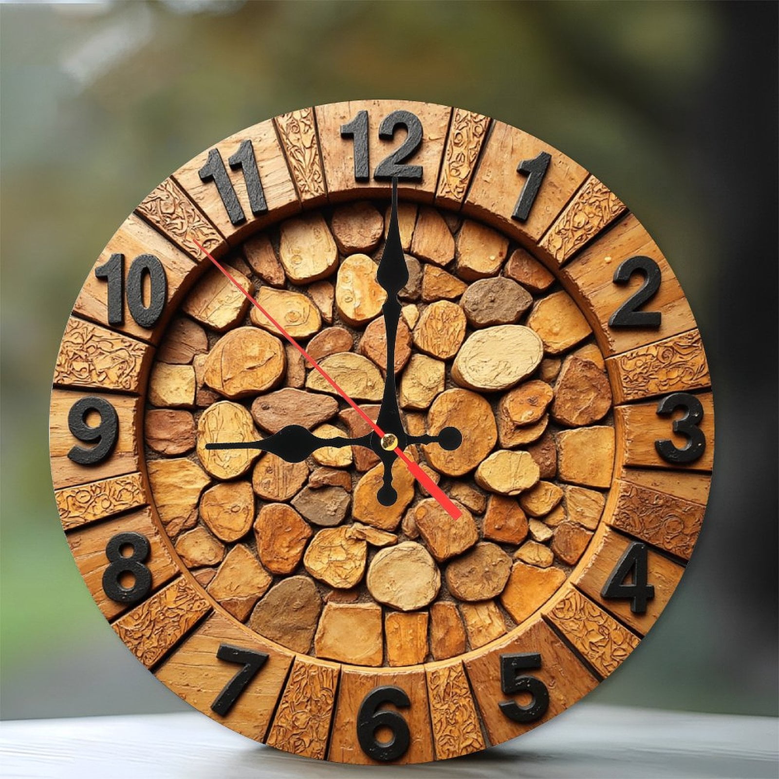 Rustic Wood Stone Mosaic Wall Clock 10-Inch Silent Wooden Wall Clock ...