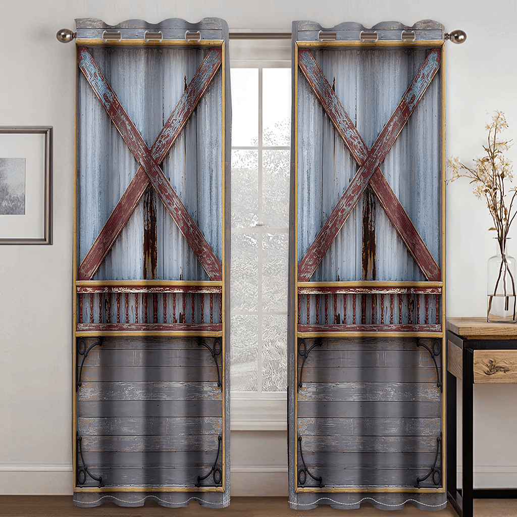 Rustic Wood Sunshade Curtains Vintage Wooden Barn Door Farmhouse Home ...