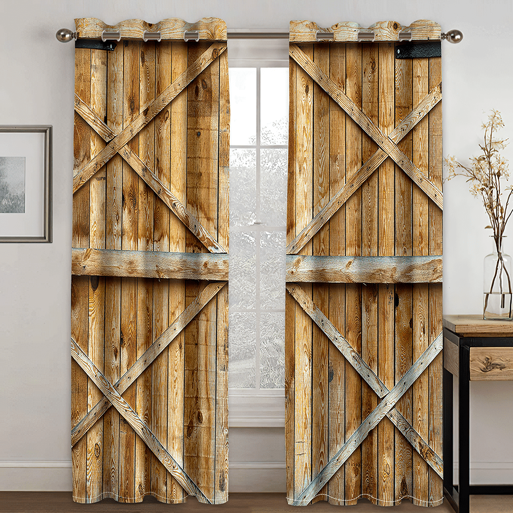Rustic Wood Sunshade Curtains Vintage Wooden Barn Door Farmhouse Home ...