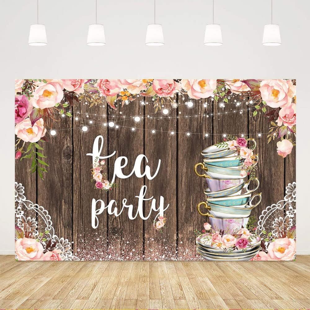 Rustic Wood Tea Party Backdrop for Photography Lace Let's Partea Floral ...
