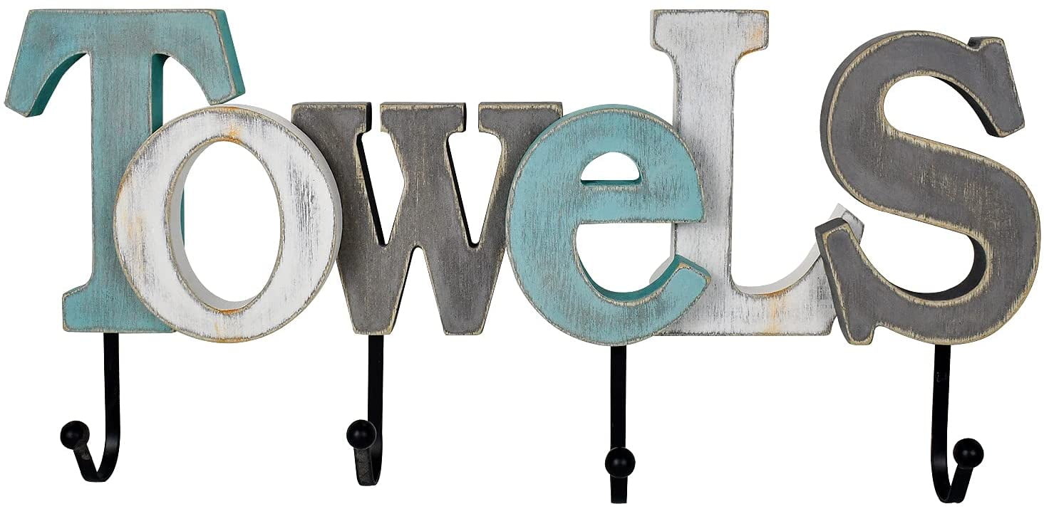 Rustic Wood Towels Sign with Hooks, Decorative Cutout Word Sign Wall ...