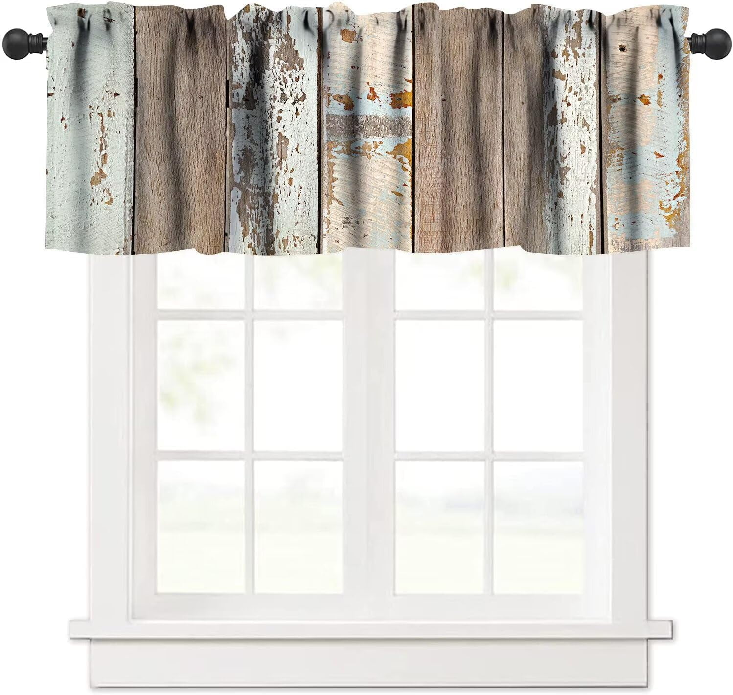 Rustic Wood Valance Curtain Brown Wooden Blue Wood Plank Board Panel ...
