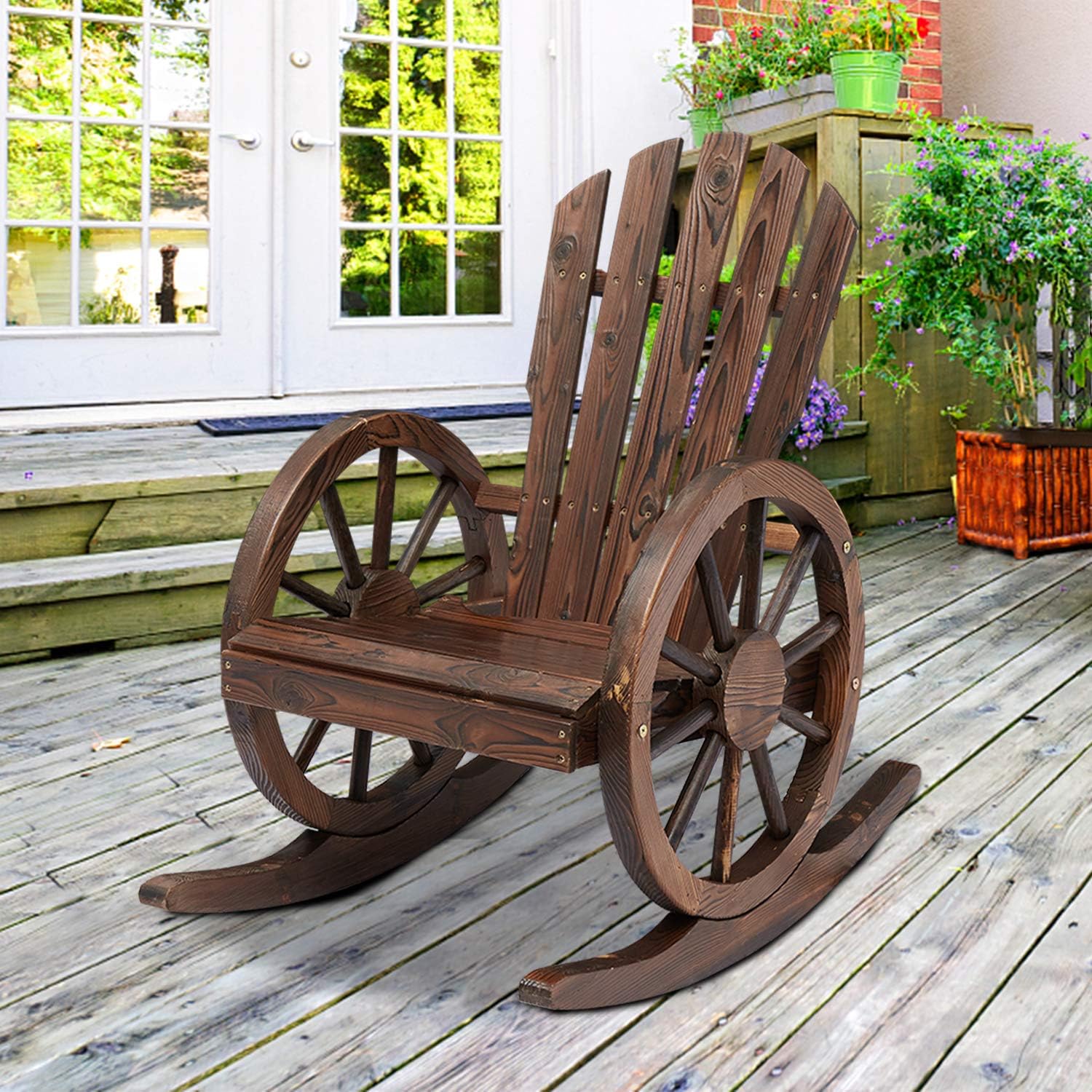 Rustic Wood Wagon Rocking Chair Outdoor Patio Lounge Rocker Set with ...