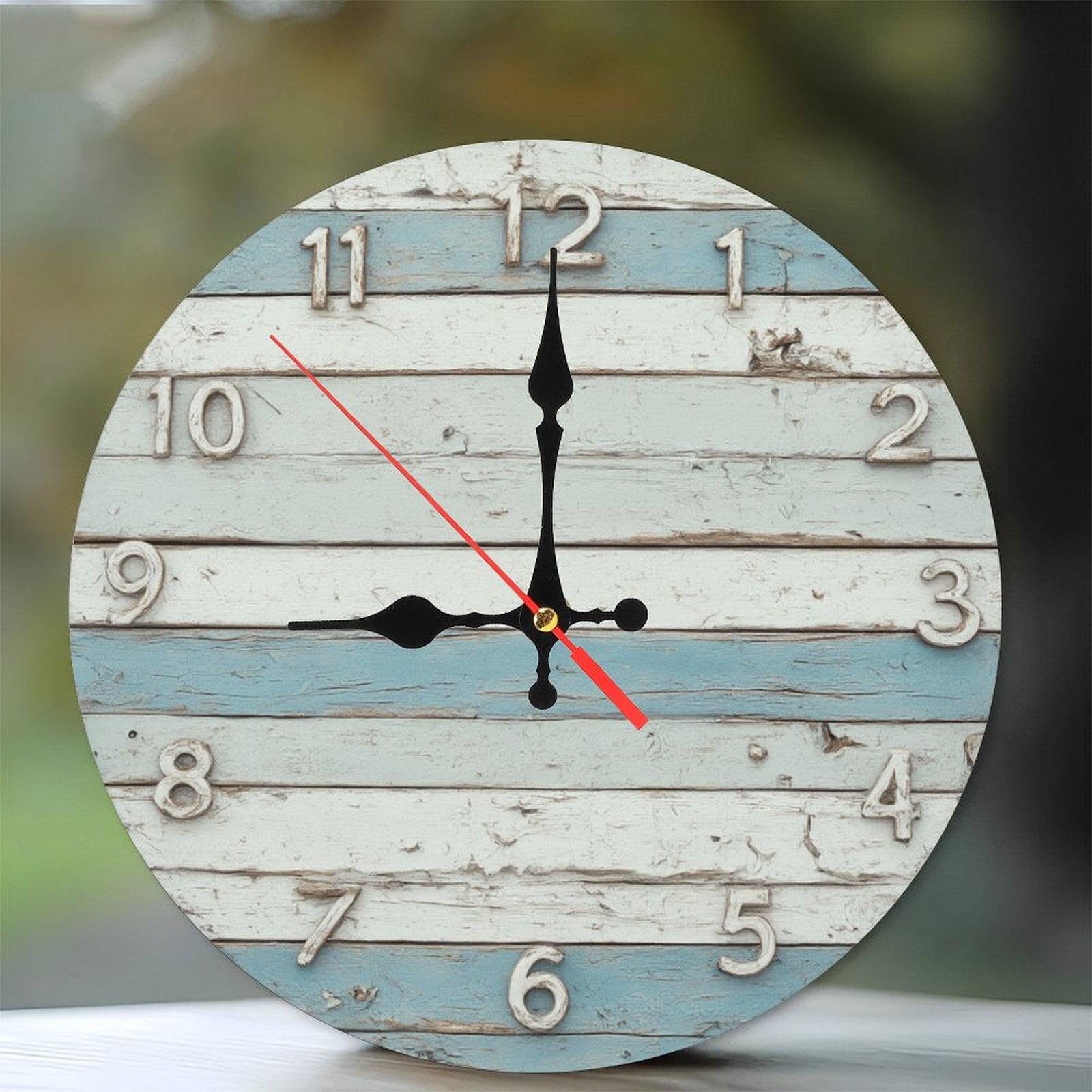Rustic Wood Wall Clock Blue White Farmhouse Decor 10-Inch Silent Wooden ...