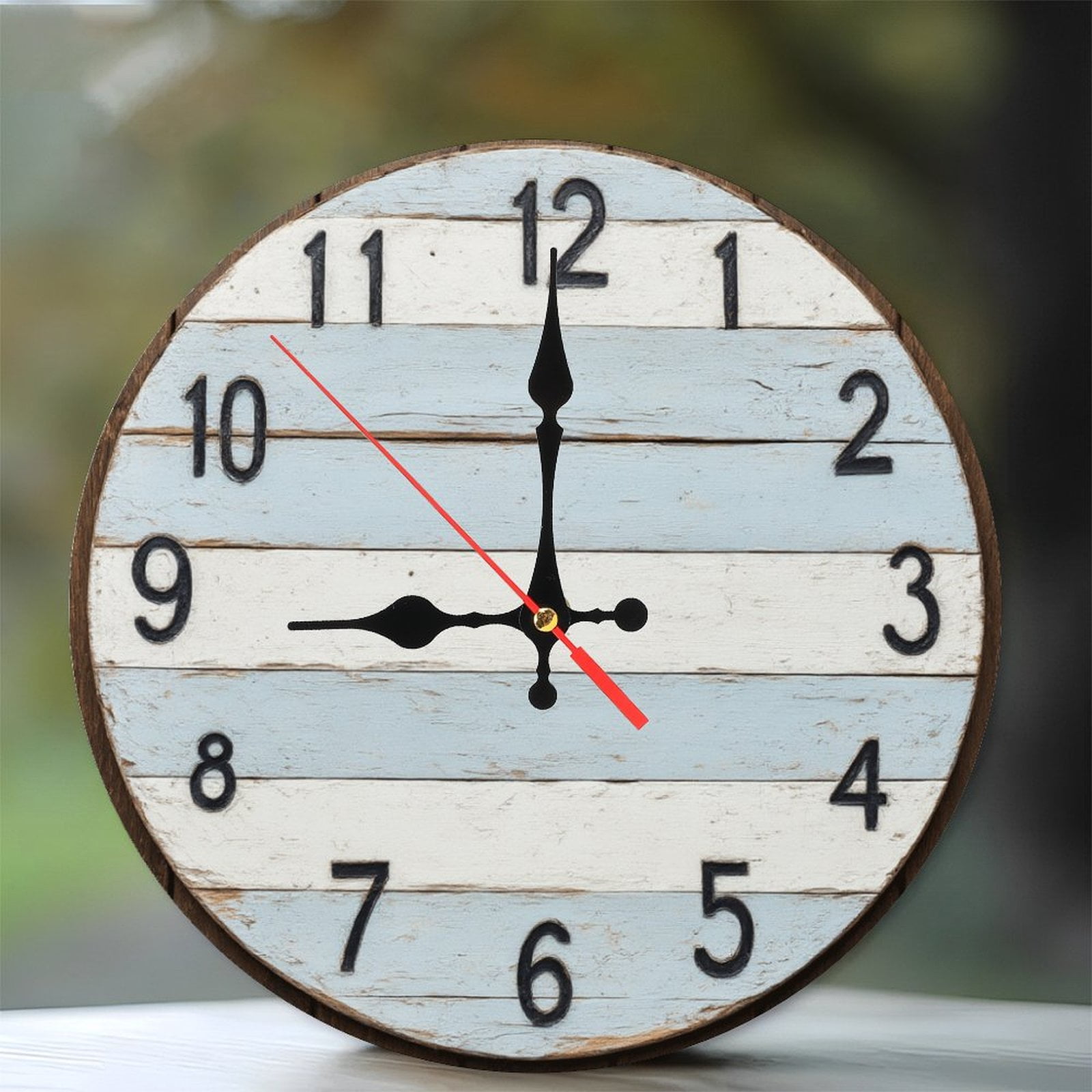 Rustic Wood Wall Clock Blue White Stripe Home Decor 10-Inch Silent ...
