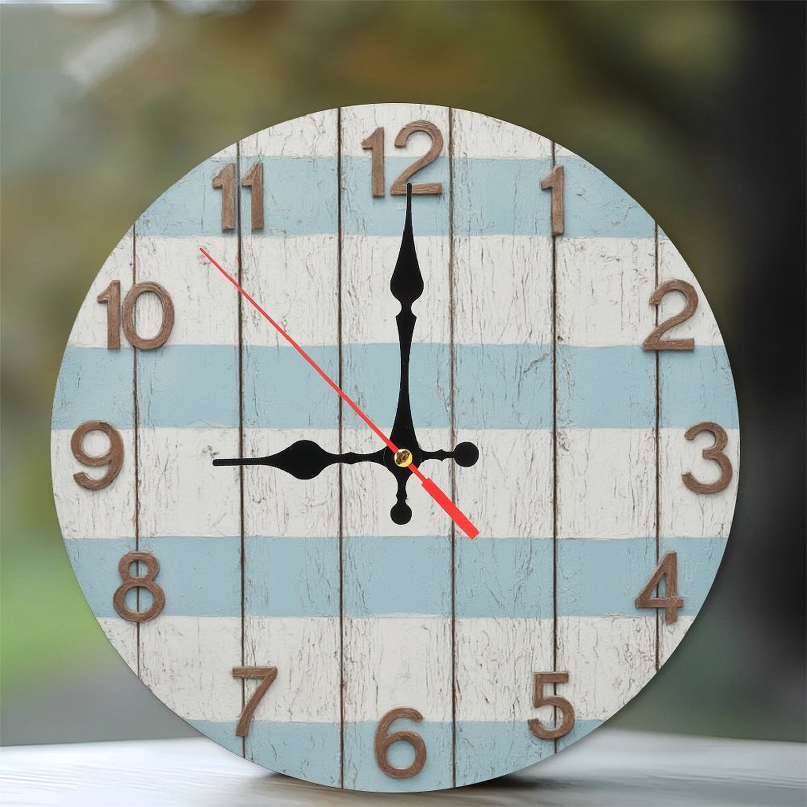 Rustic Wood Wall Clock Blue White Stripes Home Decor 10-Inch Silent ...