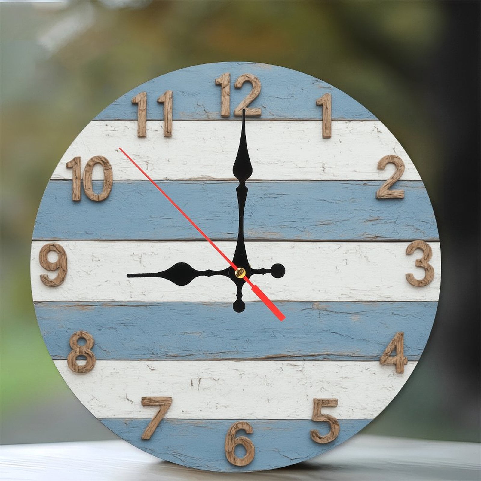 Rustic Wood Wall Clock Nautical Blue White Stripes 10-Inch Silent ...