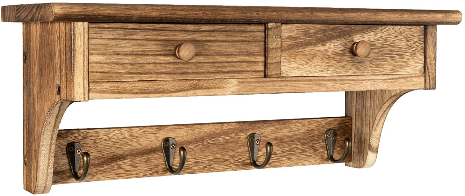 Rustic Wood Wall Coat Rack with Shelf – Farmhouse Entryway Hooks for ...