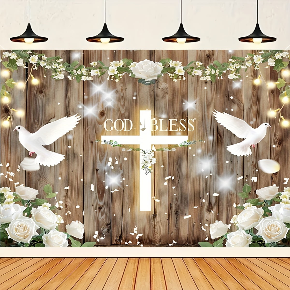 Rustic Wood & White Floral 'God Bless' Backdrop - Elegant Baby Shower ...