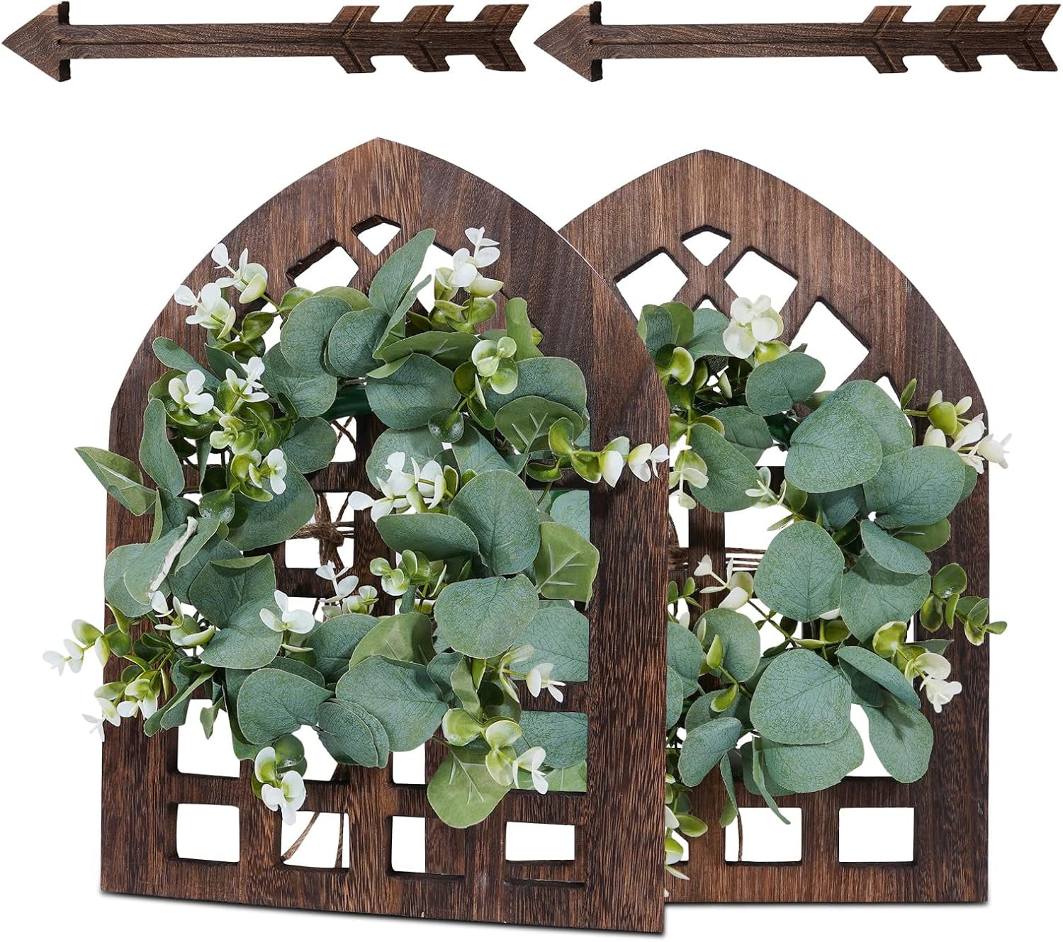 Rustic Wood Window Frame with Green Wreath and Arrows Wall Decor ...