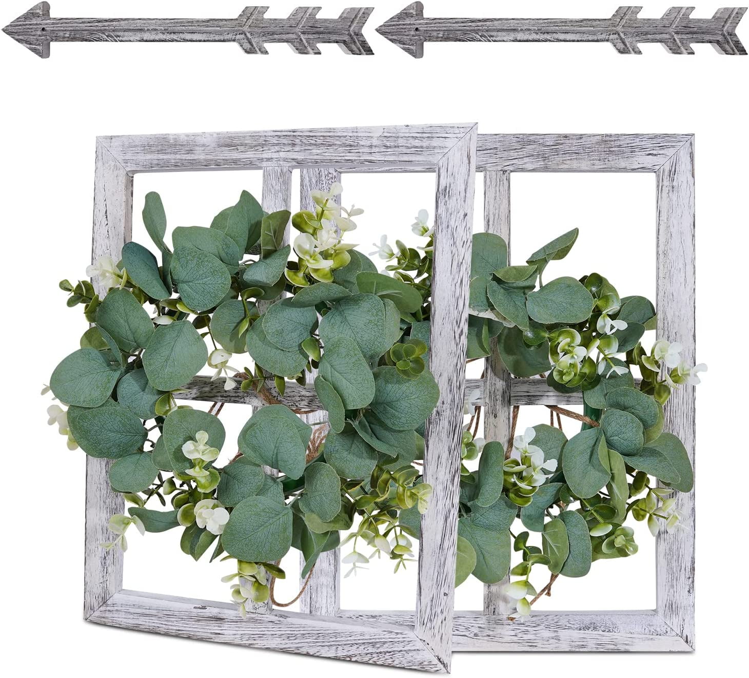 Rustic Wood Window Frame with Green Wreath and Arrows Wall Decor ...