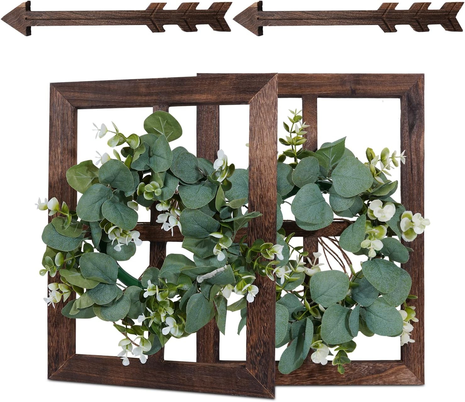 Rustic Wood Window Frame with Green Wreath and Arrows Wall Decor ...