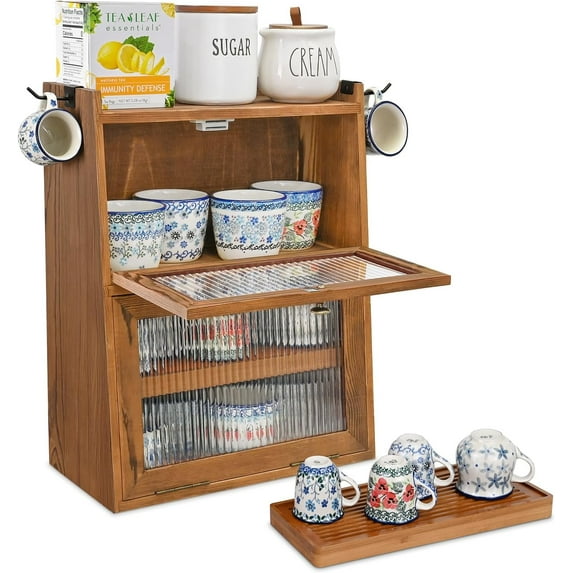 Rustic Wooden 2-Tier Countertop Storage Cabinet with Wavy Doors ...