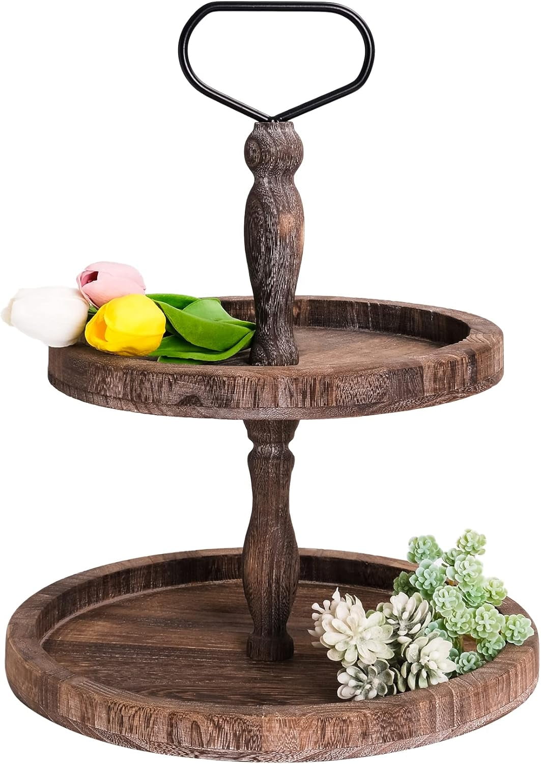 Rustic Wooden 2 Tiered Tray, Round Farmhouse Kitchen Table Decor ...