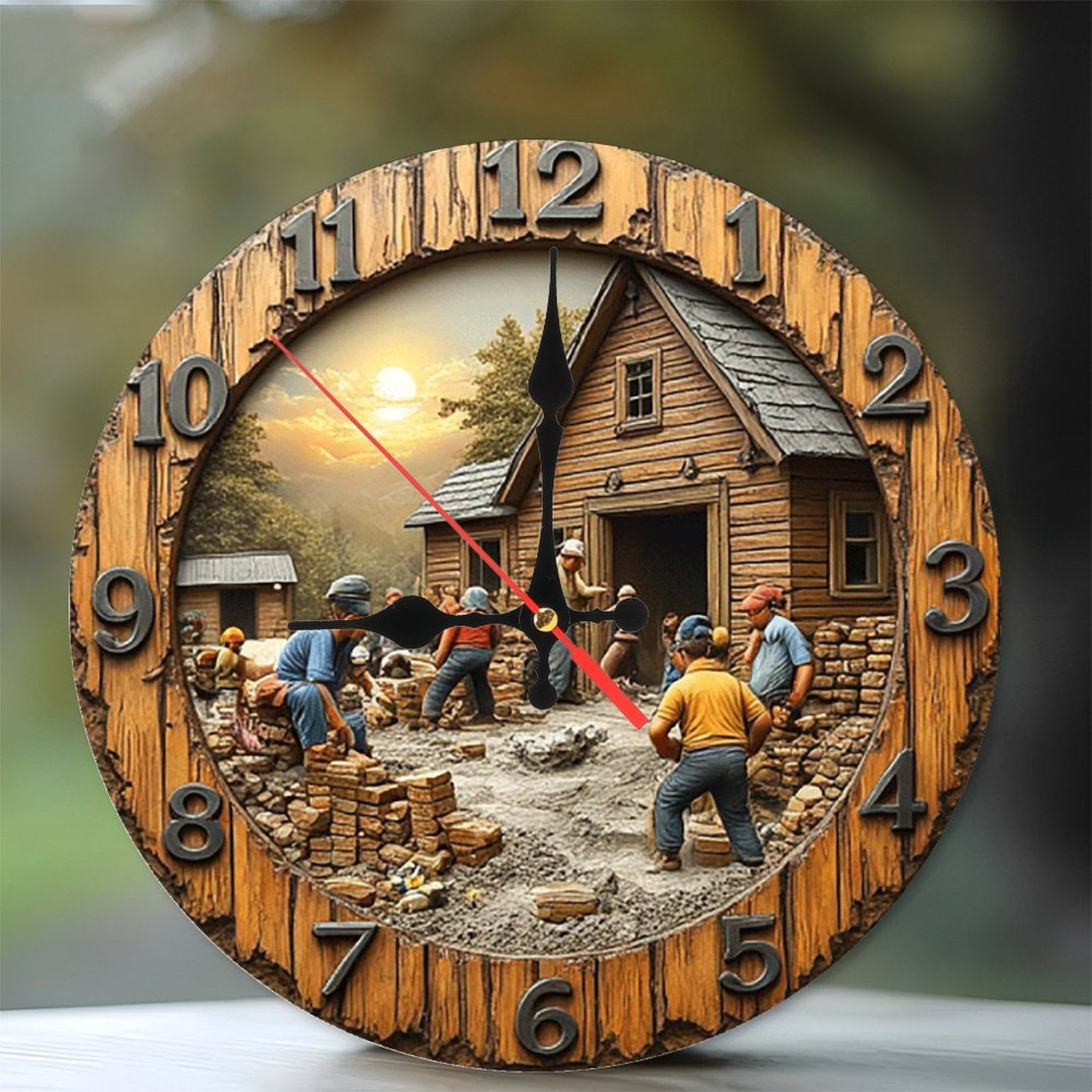 Rustic Wooden Barn Construction Workers Wall Clock 10-Inch Silent ...